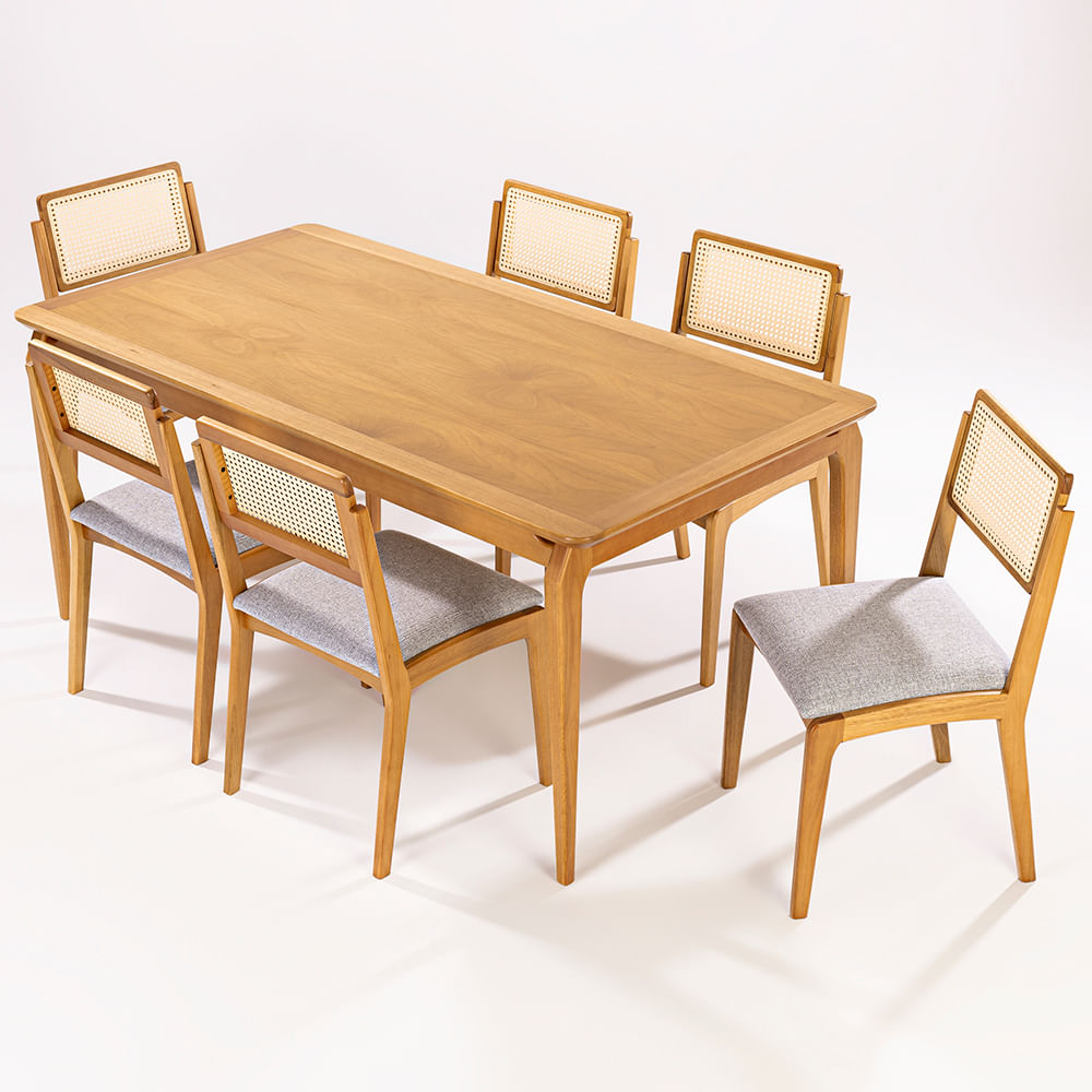 Conj Argos Mesa + 06 Cadeiras Tela Sextavada Verniz Mel - 72643